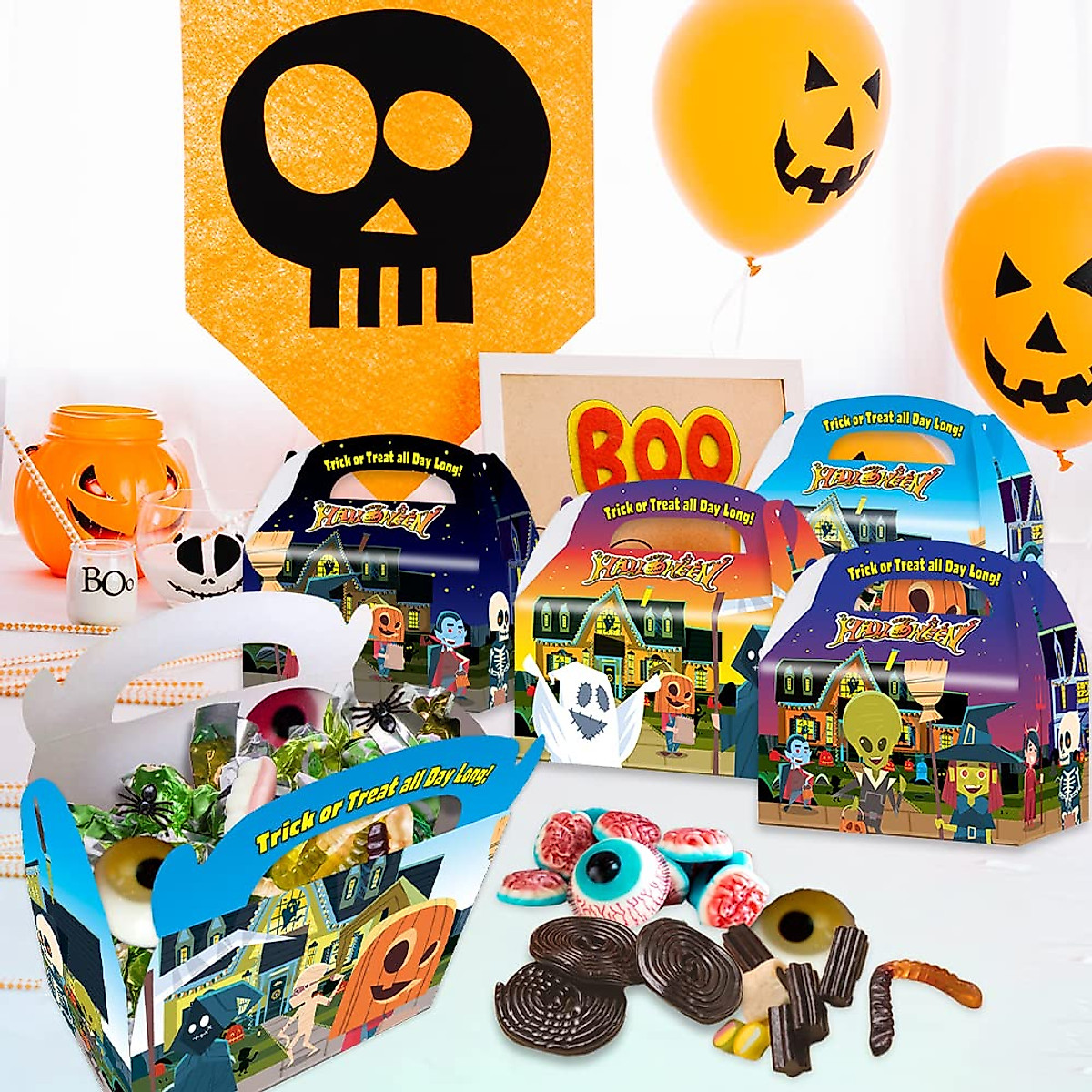 ArtCreativity Halloween Treat Boxes, Set of 12, Cardboard Paper Halloween Candy Boxes with Carry Handles, Adorable Trick or Treat Supplies, Halloween Goodie Bags for Sweets, Toys, Gifts, and More