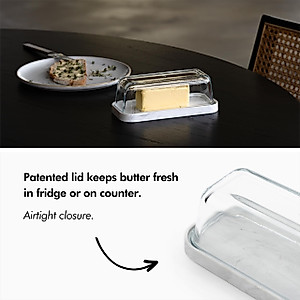 KIVY Glass butter dish with airtight lid that keeps butter soft - For countertop and refrigerator door shelf - Clear glass butter dish with cover - White Marble Butter holder with plastic plate