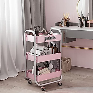EUREKA ERGONOMIC 3 Tier Rolling Utility Cart, Metal Craft Art Organization Cart Storage Trolley w Handle, Locking Wheels, Pegboard & Storage Basket Hook for Office Kitchen Bathroom Laundry Room, Pink