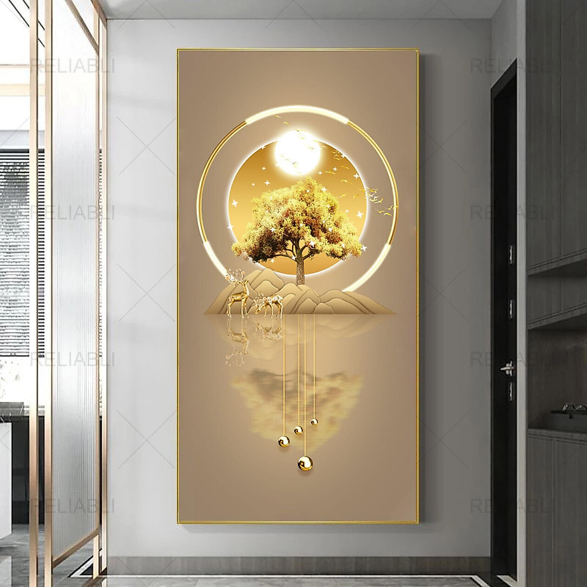Large Abstract Luxury Entrance Painting Wall Art Picture Modern Golden Tree Deer Posters for Living Room Home Decoration 95x190cm/37x75inch With Golden Framed Ready to Hang