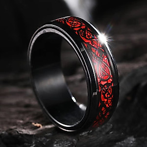 King Will Spinner 8mm Stainless Steel Ring Anxiety Relief Red Celtic Dragon Black Carbon Fibre Inlay Fidget Wedding Ring 10
