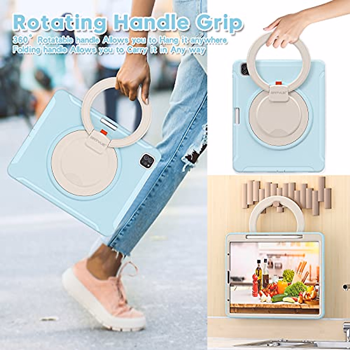 BATYUE iPad Pro 12.9 Case - Rugged Protective Case for iPad Pro 12.9-inch 6th/ 5th/ 4th/ 3rd Generation 2022/2021/ 2020/2018, iPad Pro 12.9 Cover with Pencil Holder/ 360° Swivel Stand - Frozen Blue