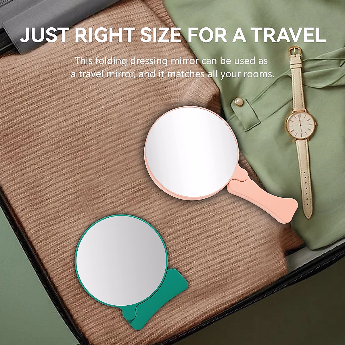 Handheld Mirror with Folding Handle, Round Portable Small Hand Mirror for Travel Makeup, Lightweight, Without Lights (Pink)