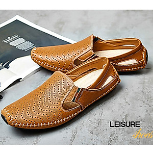 Asifn Mens Leather Driving Loafer Lightweight Slip-on Breathable Walking Boat Shoes Flat Slippers Outdoor Moccasin 9-9.5 Brown