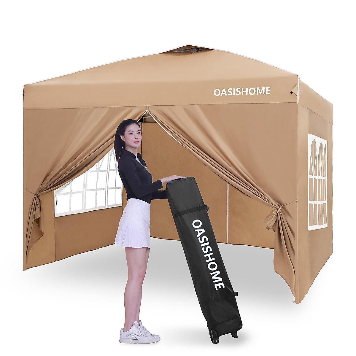 OASISHOME Pop-up Gazebo Instant Canopy Tent 10'x10', with 4 Sidewalls, Windows, Wheeled Bag, for Patio/Outdoor/Wedding Parties and Events (10FTx10FT, Khaki)