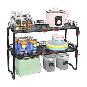 JKsmart Expandable Cabinet Shelf Organizers, Stackable Kitchen Countertop Shelves with Removable Fence, Cupboard Stand Storage Shelves Height and Length Adjustable, 2-tier Spice Rack