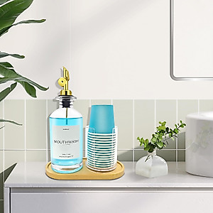 Mouthwash Dispenser & Cup Holder Set - 12 Oz Refillable Glass Container with Pour Spout, Wood Tray, Funnel & Waterproof Label