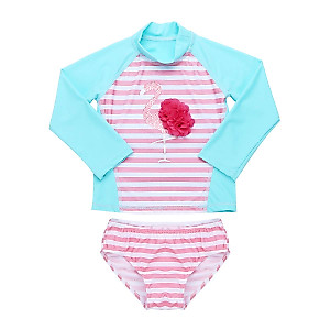 FEESHOW Kids Baby Girls Two Piece Rash Guard Swimsuit Flamingo Printed Shirt Top with Bottom UPF 50+ Sun Protection Swimwear Lake Blue&Pink 18-24 Months