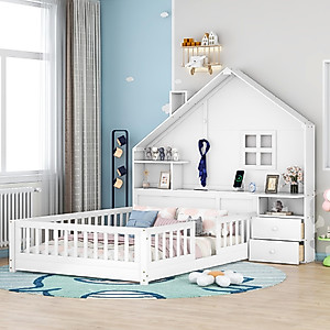 Full Size House Bed Frame for Boys Girls Kids Toddler with Window and Bedside Drawers, Platform Bed with Shelves and a Set of Sockets and USB Port, White