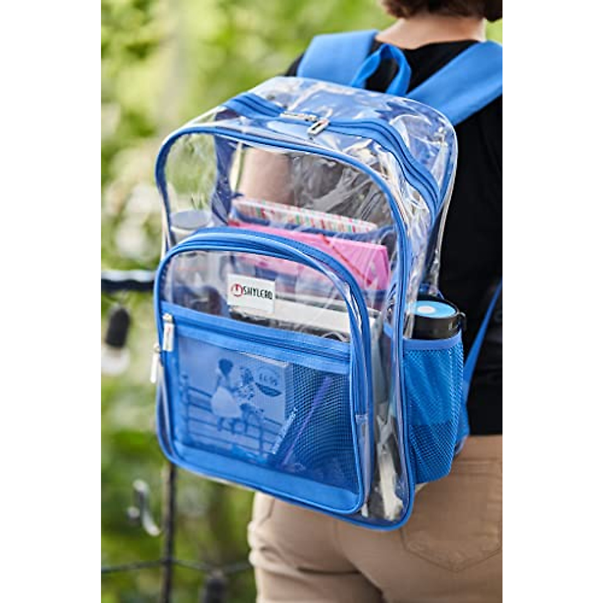 SHYLERO Clear Backpack For Work XL - Heavy Duty School Bookbag has TSA Lock - 2-WAY Zip - Transparent PVC - H18''xW14''xD8