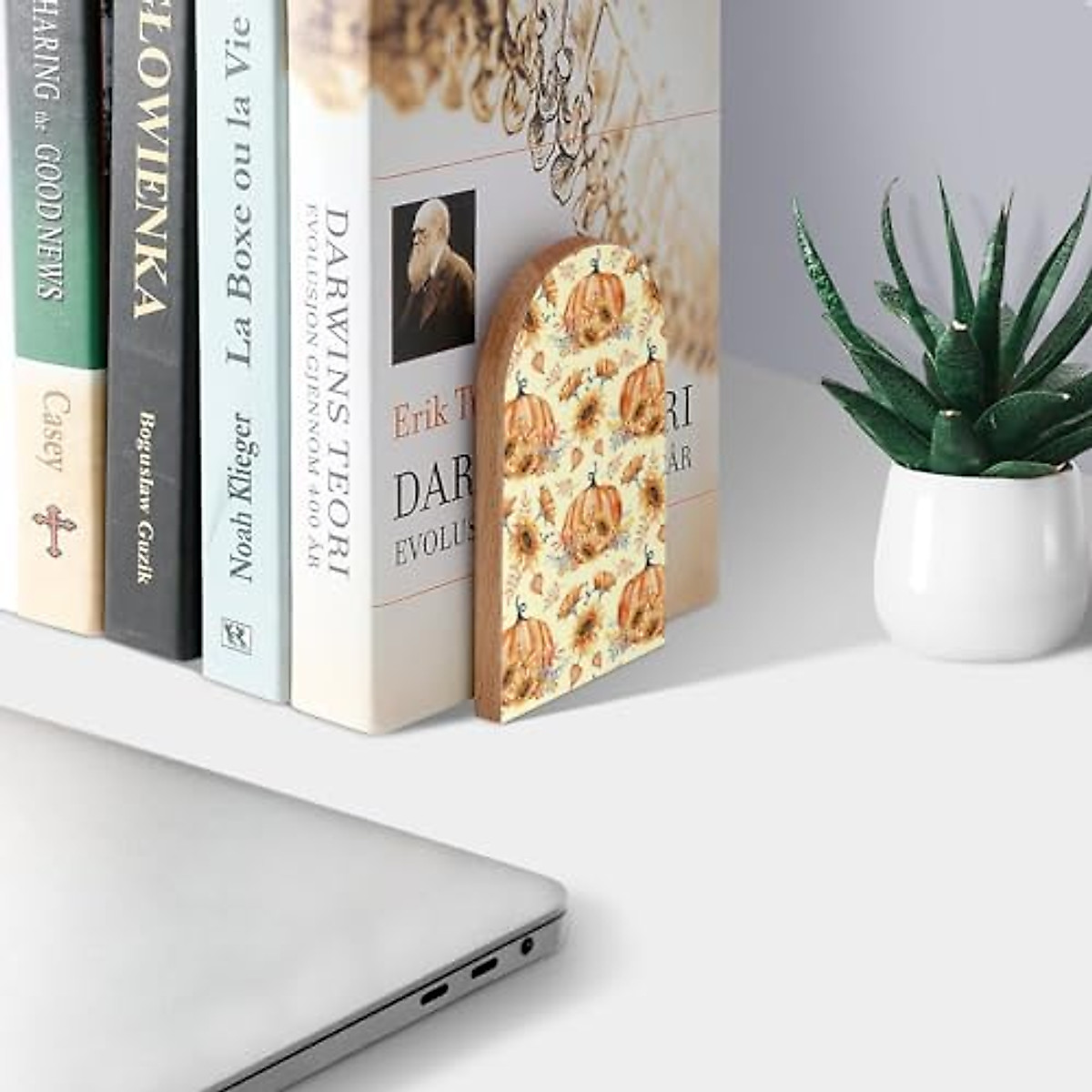 Autumn Pumpkin Sunflowers Berries Book Ends Decorative Wood Bookends for Shelves Kids Room Desk Home Office Book Stoppers for Magazines,Books, DVDs, 1 Pair/2 Pieces(5x3.1 in)