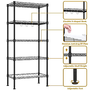 C&AHOME 5-Tier Metal Shelving Unit with Liner, Storage Rack with Adjustable Shelves, Heavy Duty Shelf with 4 Hooks and Leveling Feet Ideal for Kitchen, Bathroom, 23.6"L × 12.8"W × 60.5"H Black UWSU05B