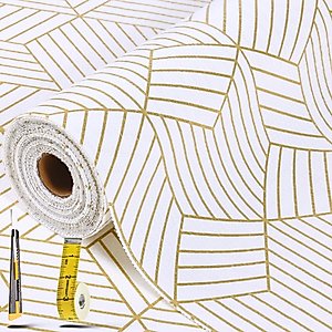 Shelf Liners for Kitchen Cabinets 12in x 20FT, Non Adhesive Cabinet Liner Strong Non-Slip Thickened Gold Geometric Drawer Liner, Easy to Clean for Shelf, Cabinet with Knife and Tape Measure