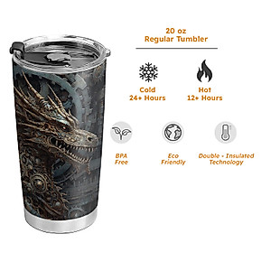 64HYDRO 20oz Steampunk Mechanical Engineer Clockwork Dragon Tumbler, Gaming, Gamer Gifts for Dragon Lovers, Stainless Steel Double Wall Vacuum Insulated Coffee Mug, Travel Cup with Lid