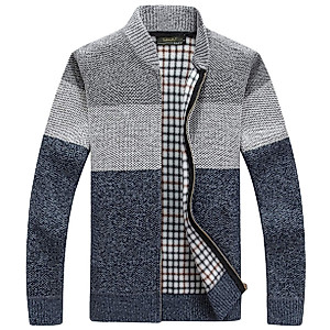 chouyatou Men's Classic Band Collar Full Zip Color-Block Stripe Cable Knitted Cardigan Sweater Coat (Large, Grey)