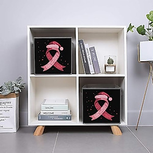 Breast Cancer Christmas Santa Hat Ribbon Foldable Storage Bins with Handles Storage Cubes Closet Organizer for Living Room Bedroom 6PCS