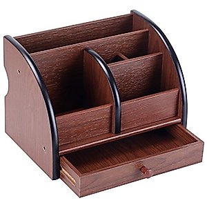 5-Compartment Luxury Black/Brown Wood Office Desktop Organizer with Large Storage Drawer