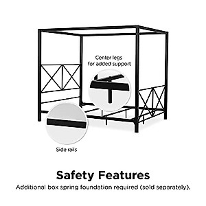 DHP Rosedale Metal Canopy Bed Frame with Four Poster Design and Geometric Accented Headboard and Footboard, Underbed Storage Space, Queen, Black
