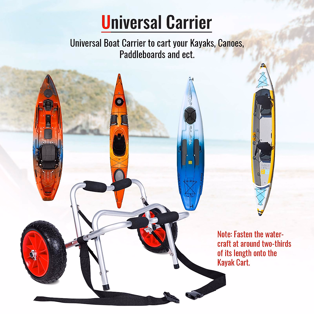 AA Products Kayak Canoe Carrier Cart Dolly Trailer Tote Solid Wheel Tires Hold up to 150 lb, Comes with Secure Buckle Straps