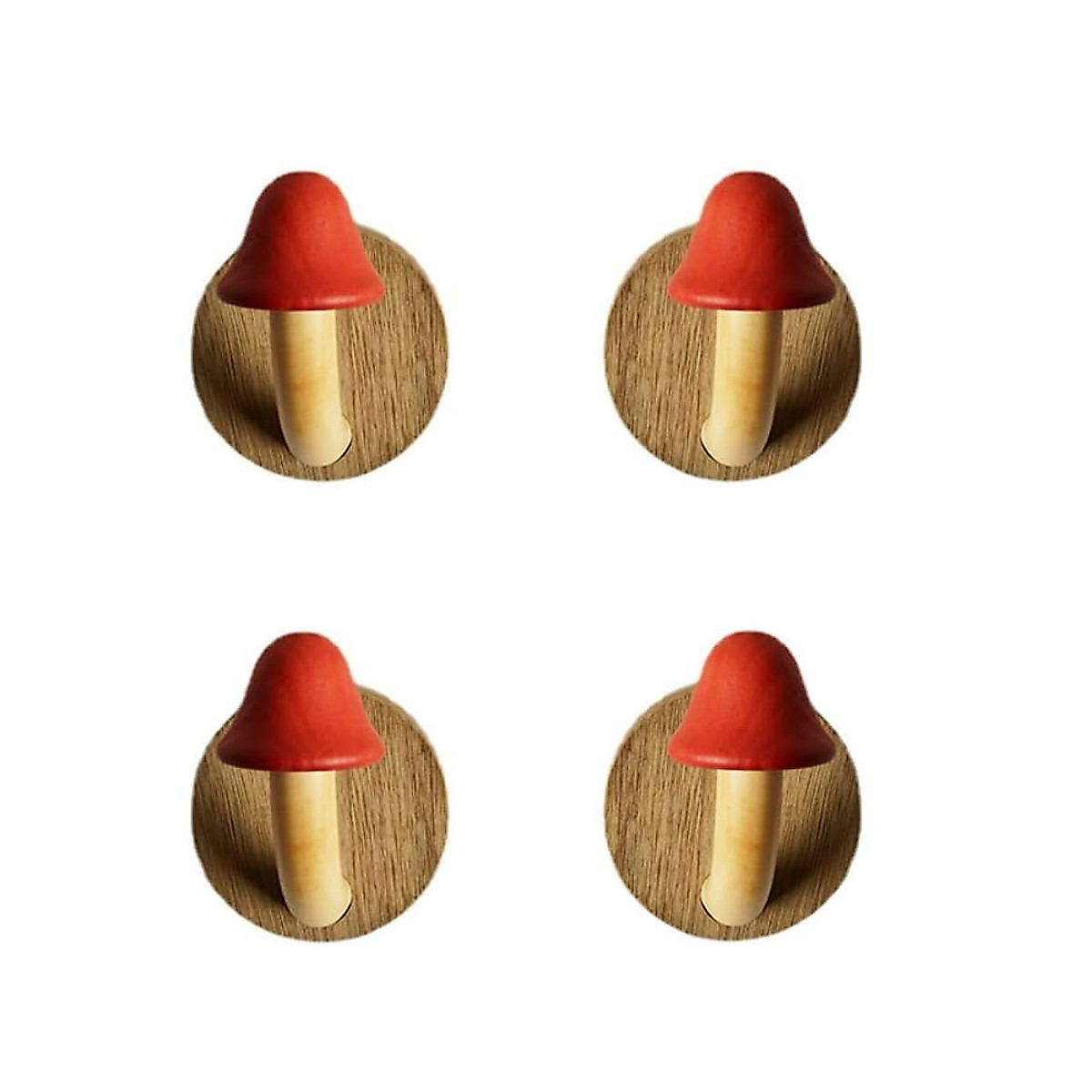 Auntzyj Fun Wooden Mushroom Coat Hook, Non-Perforated Solid Wood Hook, Kitchen Bathroom Cloakroom Door Hook (Red,4 pcs)