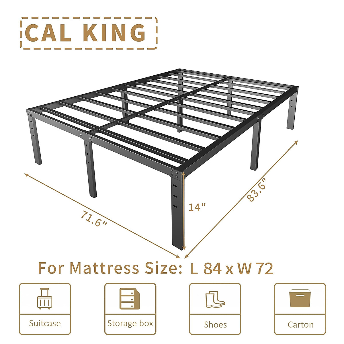 HOBINCHE 14 Inch Metal California King Size Bed Frame No Box Spring Needed - Easy Assembly Heavy Duty Noise Free Bedframes - Double Black Basic Steel Slats Platform with Storage