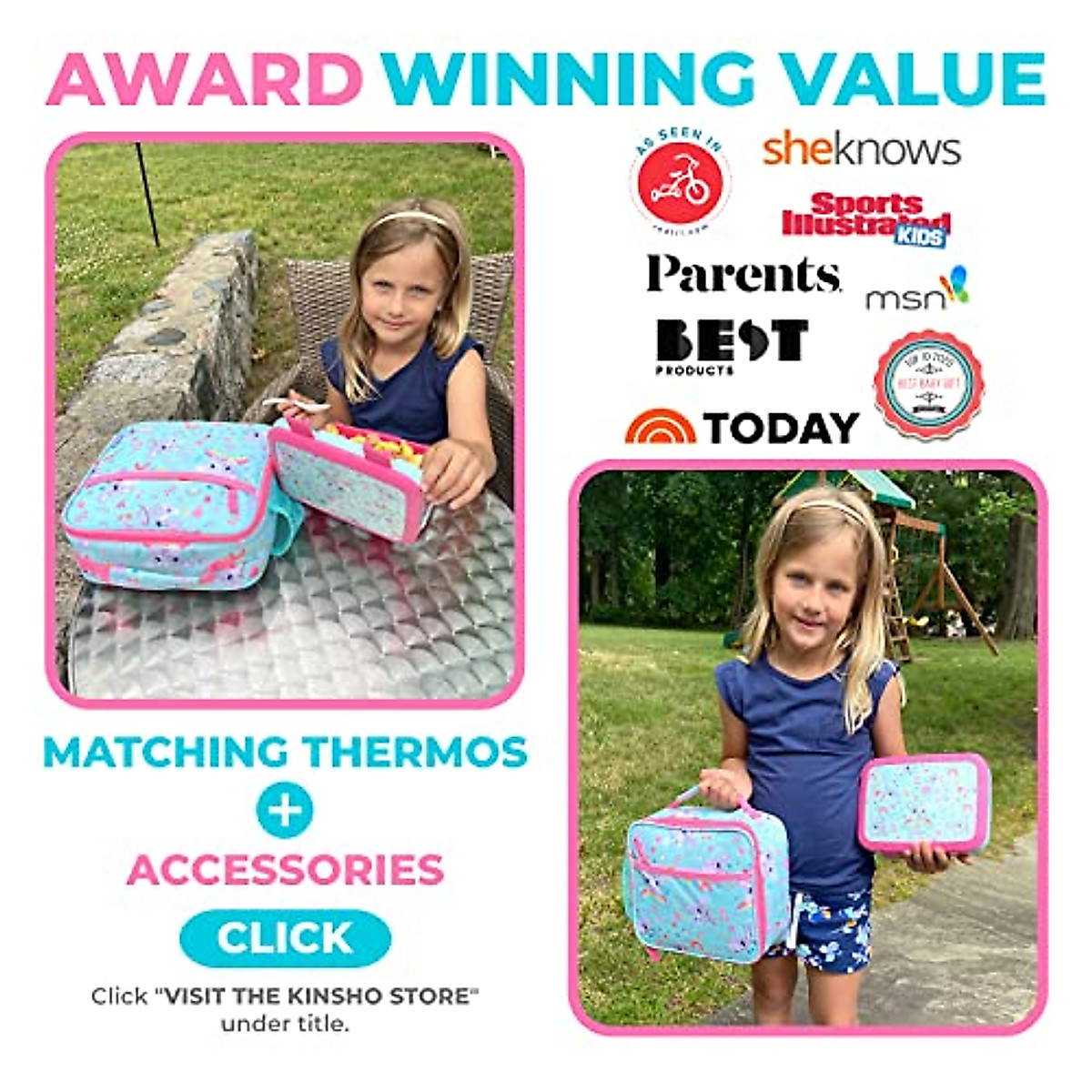 kinsho Bento Lunch Box with Water Bottle, Insulated Bag & Ice Pack Set for Kids Toddlers Girls, 4 Portion Sections, Removable Tray, Pre-School Kid Toddler Daycare Lunches, Snack Container, Pink Koala