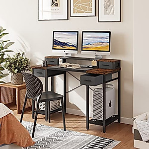 YAOHUOO Computer Desk with Dual Monitor Stands - 48'' Office Desk Writing Desk with 4 Drawers and Keyboard Storage, Work Desk with Dual PC Mainframe Shelves for Storage (Rustic Brown, 48)