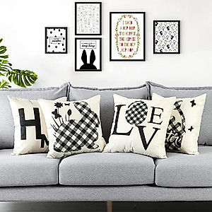 Ohok Easter Pillow Covers 18x18 Set of 4 Spring Pillow Covers Black and White Striped Rabbit Basket Decorative Pillow Covers for Farmhouse Home Decor Sofa Couch Chair Bed Bedroom Living Room