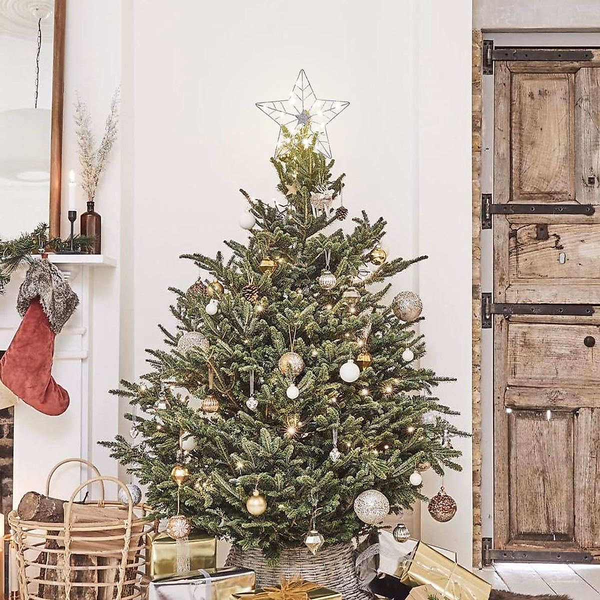 YEAHOME Christmas Tree Topper, Lighted Hollow 5-Point Star Tree Topper, Wire Star for Christmas Treetop with 20 LED Lights Xmas Tree Topper for Christmas Tree Ornament Decoration, Silver Glittered