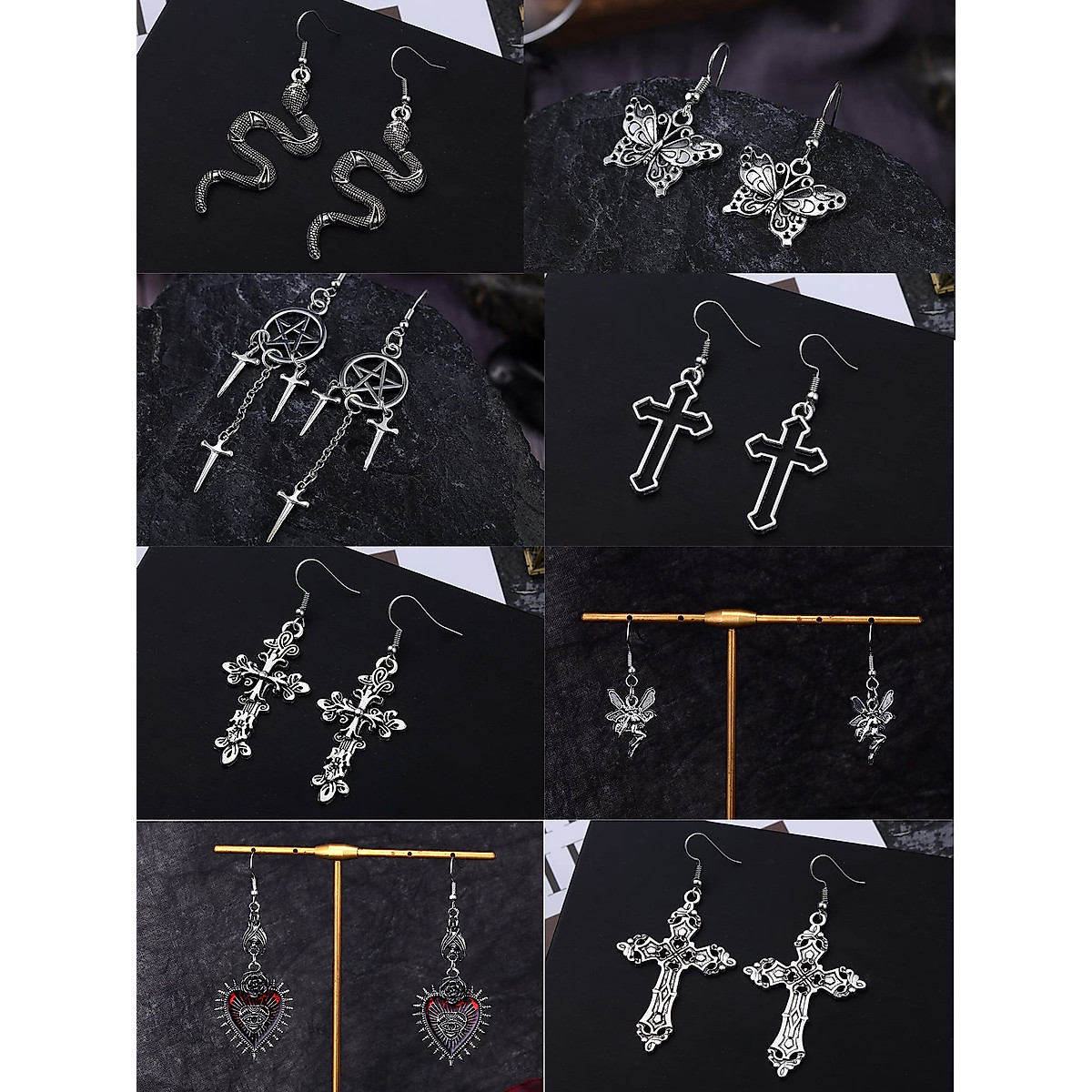 16 Pairs Gothic Earring for Women Grunge Punk Vintage Earrings Set Goth Snake Harajuku Style Evil Eye Dangle Retro Silver Earrings Harajuku Style Trendy Punk Rock Earrings for Halloween Girls Teen