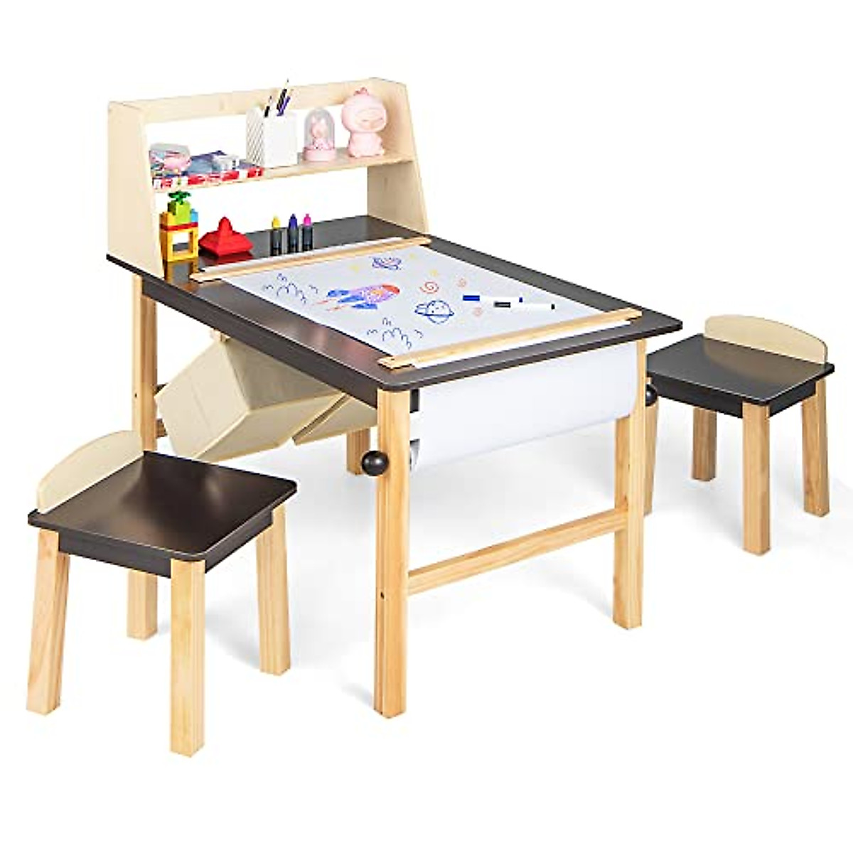 HONEY JOY Kids Art Table and Chair Set, Wooden Drawing Desk and 2 Stools w/Paper Roll, Open Shelf, Toddler Activity & Crafts Table w/Storage Bins, Children Furniture Set for Boys Girls Ages 3+