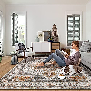 Area Rugs for Living Room: 8x10 Rug for Bedroom Machine Washable with Non Slip Backing Non Shedding, Boho Medallion Floral Large Carpet for Dining Room Nursery Home Office Indoor Decoration Grey/Gold