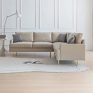 KEVINSPACE 89.8''x 89.8'' Sectional Sofa Living Room Modern Corner Sectional Couch Upholstered Sofa Furniture, L Shape Technical Leather Couch with 3 Pillows, Gold Legs Beige