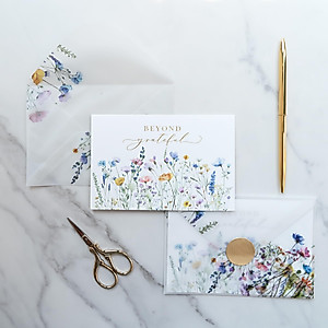Gooji 4x6 Meadow Bloom Beyond Grateful Thank You Cards, Bridal Shower, Wedding, Baby Shower, Birthday, Small Business (Bulk 20 Pack) Vellum Envelopes