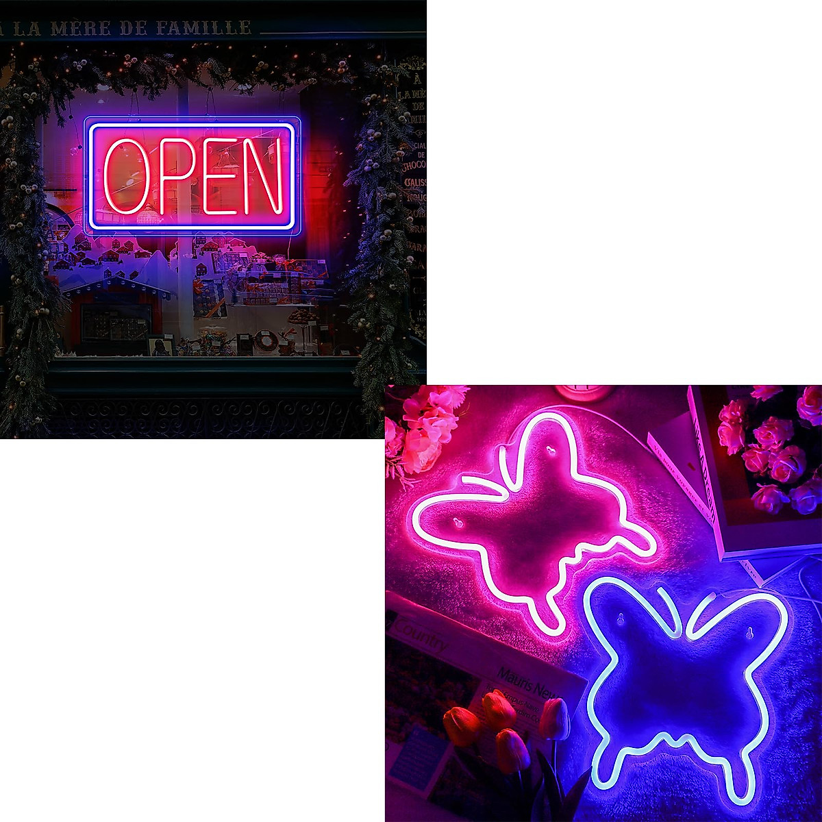 KABOER Neon Open Sign(16x 9inch) Bundle with 2PCs Butterfly Neon Light Signs(10.2inch) for Wall Business Bar Salon Shop Club,Great Gifts