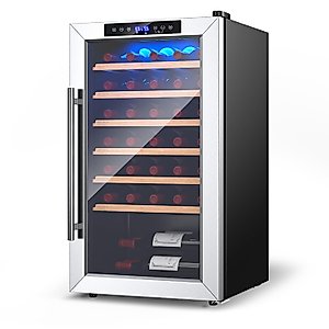 KOTEK 33 Bottle Wine Fridge, Freestanding or Under Counter Wine Cellar w/Wooden Removable Shelves for Red, White & Champagne, 41-64.5°F Digital Temperature Control, Wine Cooler Refrigerator for Home