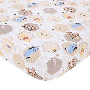 Disney Winnie The Pooh Hugs and Honeycombs Grey, White, and Tan Patchwork with Piglet, Tigger and Eeyore 3 Piece Crib Bedding Set - Comforter, 100% Cotton Fitted Crib Sheet, and Crib Skirt