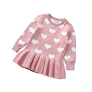 WALLARENEAR Toddler Baby Girl Valentine Dress Kids Heart Long Sleeve Knit Sweater Dress Pleated Dress Fall Winter Warm Outfits (Pink, 2-3 Years)