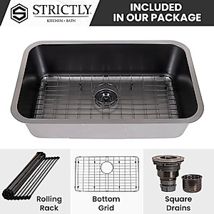 Strictly Sinks 29-3/4 Inch Undermount Kitchen Sink - 18 Gauge Single Bowl Kitchen Sink - Ideal Black Kitchen Sink with Single Strainer Drain, Bottom Grid & Roll Up Dish Drying Rack