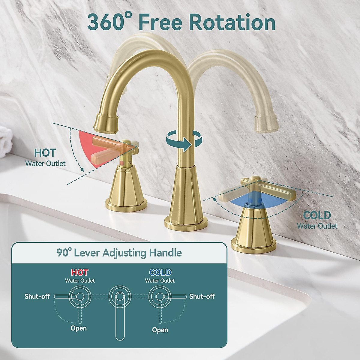 Damomo Bathroom Sink Faucet, Brushed Gold 8 Inch Widespread Bathroom Faucet for Sink 3 Hole, 2 Handle Sink Faucet with Pop Up Drain and 2 Supply Hoses for RV Bathroom Vanity
