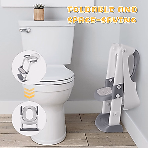 TEMFAU Potty Training Seat with Anti-Slip Step Ladder, Foldable Toilet Seat with Splash Guard & Soft Cushion for Toddler Kids, Height Adjustable Potty Training Toilet for Boys Girls, Grey