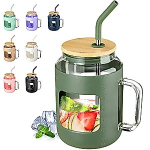 VOKOVO 50 oz Glass Tumbler with Bamboo Lid and Straw, Glass Water Bottles with Handle and Silicone Sleeve Reusable Mug Cup Drinking Glasses for Iced Coffee, Spill Proof, BPA Free,Olive