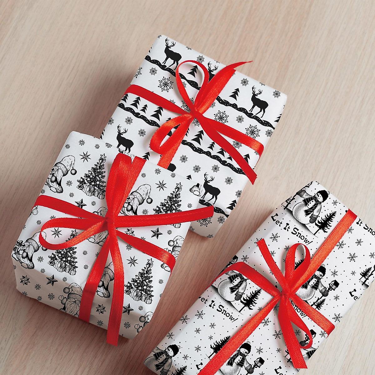 SaringSwoon Black White Christmas Wrapping Paper for Kids - Holiday Gift Wrap With Gnome, Reindeer, Snowman, Farmhouse, Xmas Tree Winter Designs - 40×28 Inches, 6 Folded Jumbo Sheets