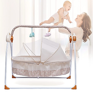 LOYALHEARTDY Baby Cradle Swing 5 Speed Electric Stand Crib Auto Rocking Chair Bed with Remote Control Infant Musical Sleeping Basket for 0-18 Months Newborn Babies, Mosquito Net+Mat+Pillow (Khaki)
