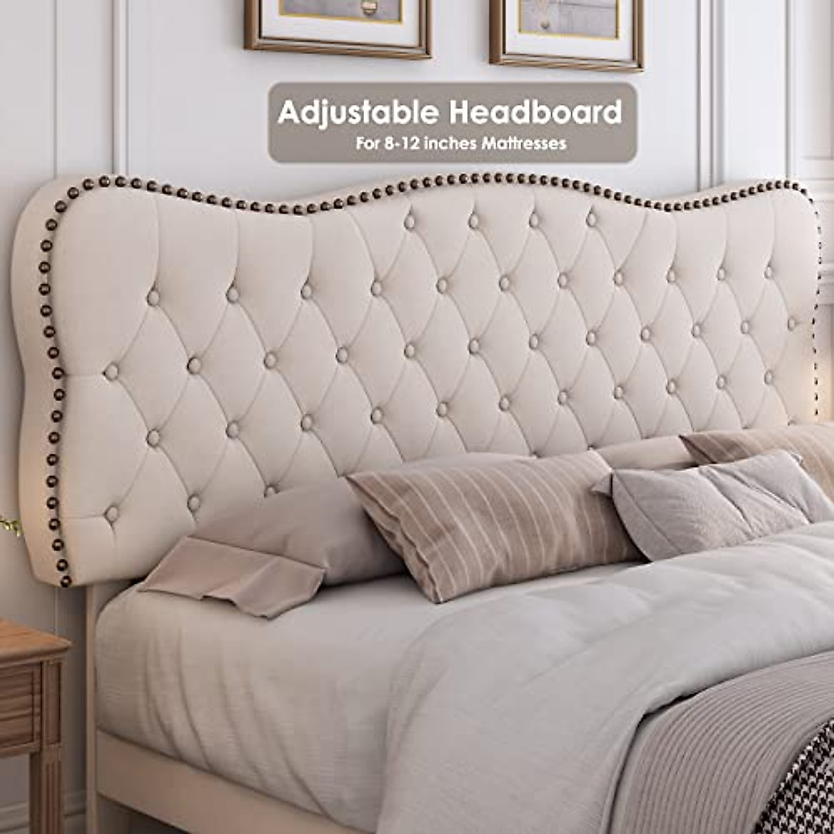 HOSTACK King Size Bed Frame, Linen Fabric Upholstered Platform Bed Frame with Adjustable Headboard, Diamond Tufted Mattress Foundation with Wood Slats, Easy Assembly, No Box Spring Needed, Beige