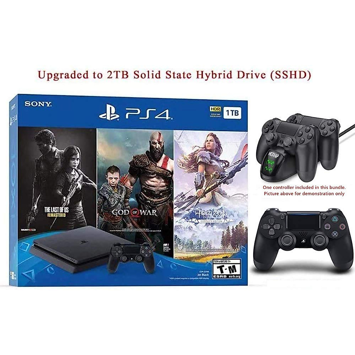 2019 Newest Playstation 4 Holiday Bundle HESVAP Upgraded 2TB SSHD on Playstation PS4 Console Slim Bundle-Included 3X Games (The Last of Us,God of War,Horizon Zero Dawn) W/HESVAP Charging Station Dock