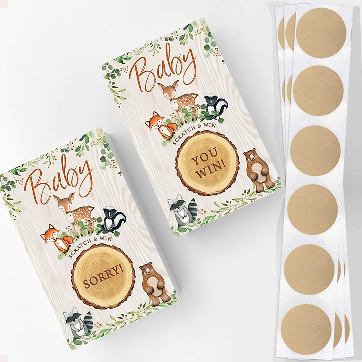 Printed Party Baby Shower Game – Woodland Scratch Off Cards for Boy or Girl, Forest Animal Theme, 30 Cards & Stickers