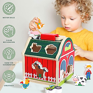 Atoylink Wooden Farm Toys for Toddlers 1 2 3 Year Old Take Along Matching Sorting Barn Farm Animals Playset Preschool Learning Educational Toy for Kids Boys Girls