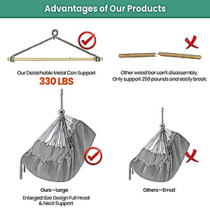 PUREKEA Oversized Hammock Chair with Hanging Hardware Kit, Swing Chair for Indoor & Outdoor, Max 330 Lbs, Include Carry Bag & Two Soft Seat Cushions (Light Grey)