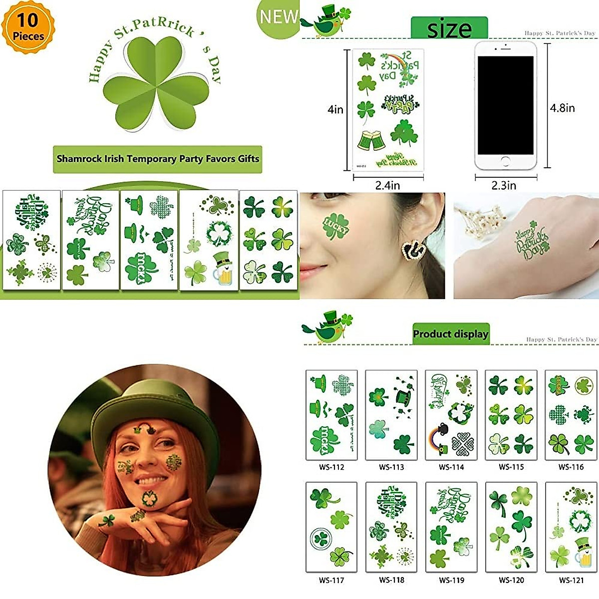 St. Patrick's Day Green Shamrock Tattoos Irish Shamrock Tattoos for Party Parade Family School